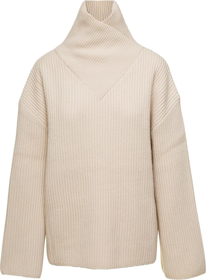 Totême White Ribbed Sweater with Wrap Neck in Wool Woman - ShopStyle