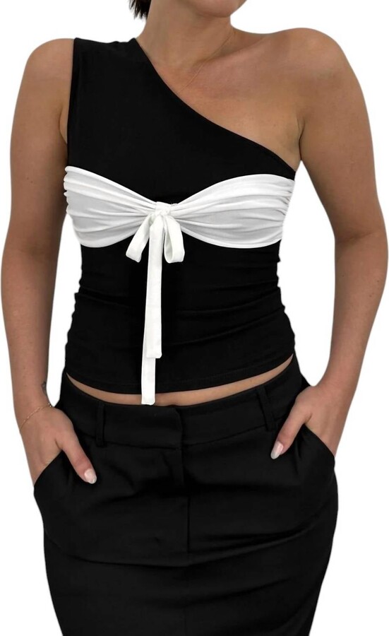 Et Clet One Shoulder Contrast Tie Chest Tank In Black And Ivory ...