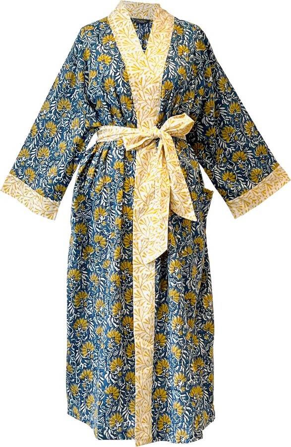 Lime Tree Design Blue Floral Cotton Full Length Kimono - ShopStyle