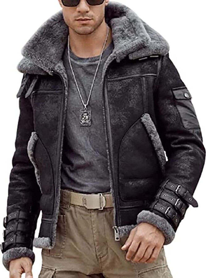 Generic Mens Retro Faux Fur Collar Sheepskin Jacket Long Sleeve Fleece ...
