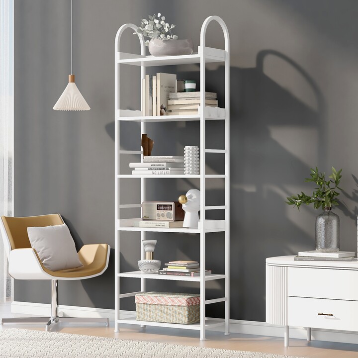 EDWINRAYLLC 70.8" Tall Bookshelf 6-Tier Shelves Round Top Frame Open ...