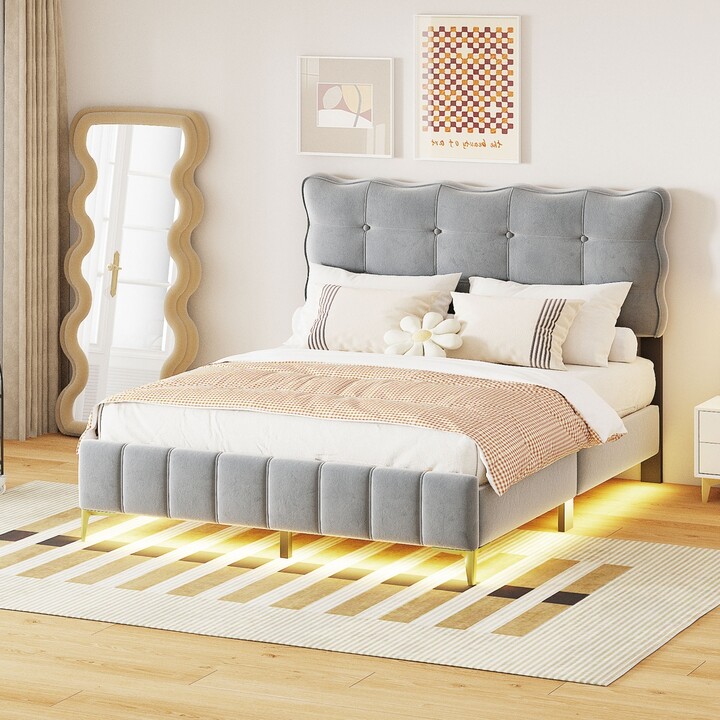 Simplie Fun Queen Size Velvet Platform Bed With Led Frame And Stylish ...