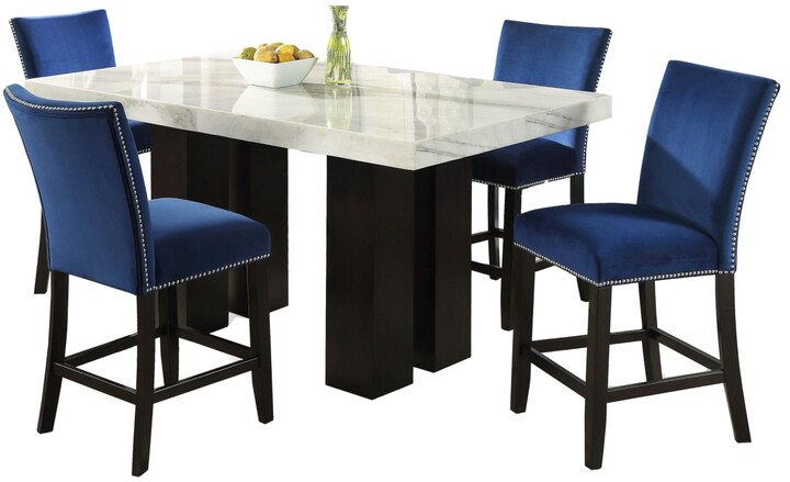 Furniture Camila 70" Rectangle Counter Height Table and Blue Velvet ...