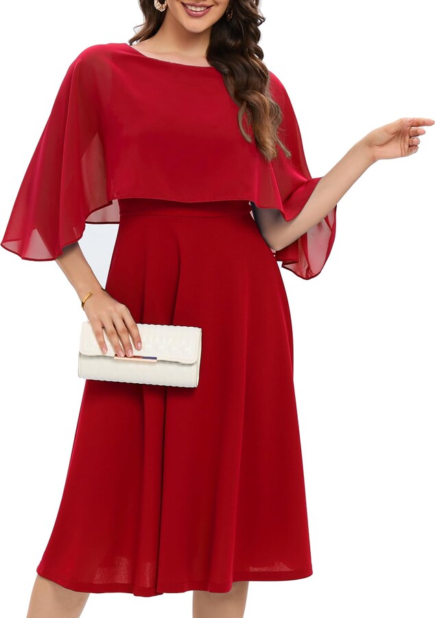 Fynadressr Womens Cape Dress with Chiffon Overlay Knee Party Cocktail ...