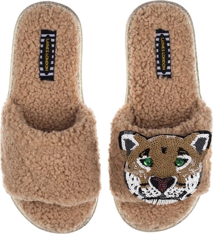 Laines London Women's Brown Teddy Towelling Slipper Sliders With Deluxe ...