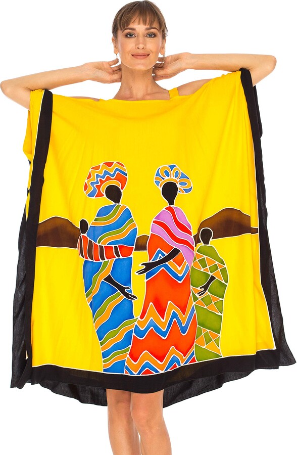 SHU-SHI - Short Cold Shoulder Caftan Dress - for Women - Tunic/Poncho - Beach Cover-Up - Hand ...