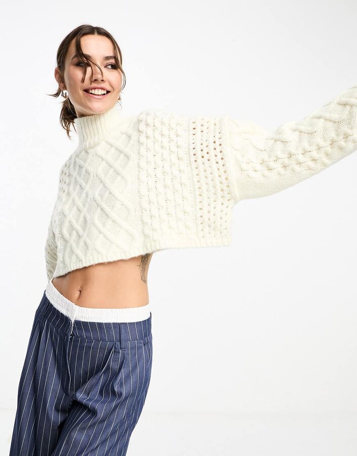 ASOS DESIGN crop cable sweater in boxy fit in cream - ShopStyle