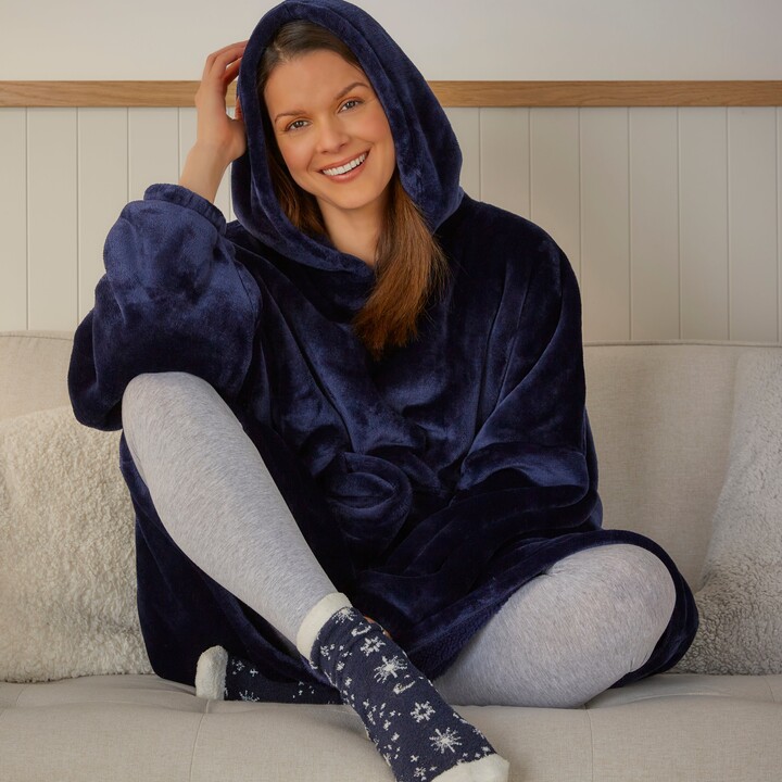Dunelm Blue Velvet Oversized Hoodie with Fur Lining, Size: 97cm x 98cm ...