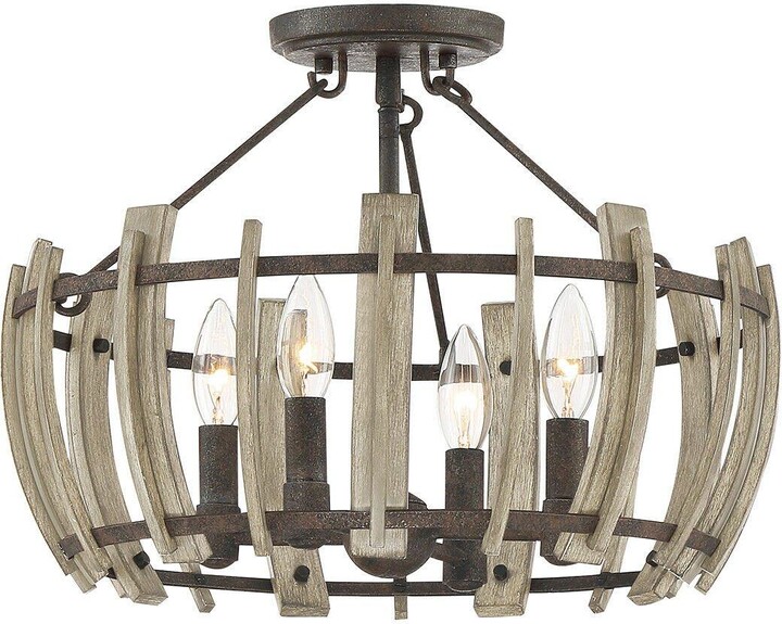 Loops 4 Bulb Semi Flush Light Black Frame Faux Wood Slat Effect Rustic ...