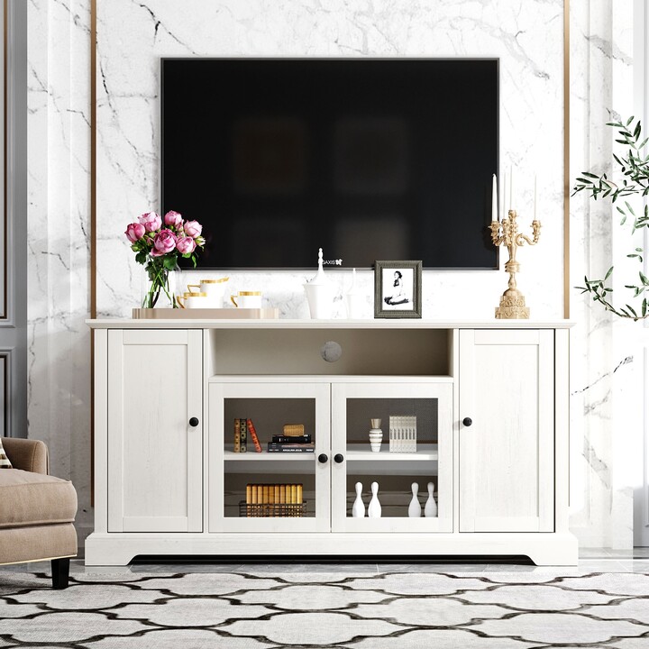 EDWINRAYLLC Elegant Functional TV Stand with Metal Handles Toughened ...