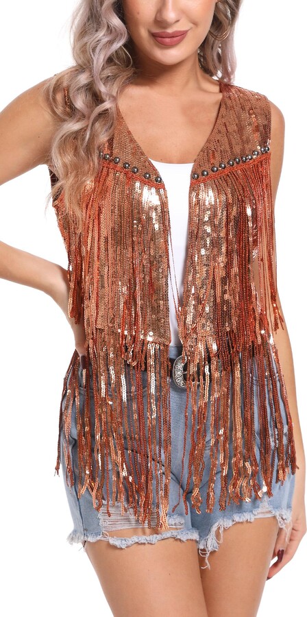 FEOYA Women's Fringe Vest Sparkly Sequin Gilet Top Glitter Tassel Waistcoat for Women Shiny Open ...