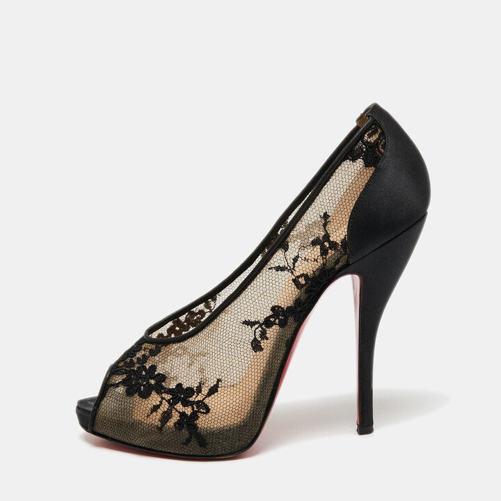 Christian Louboutin Black Lace and Satin Fetilo Peep-Toe Pumps Size 38 ...