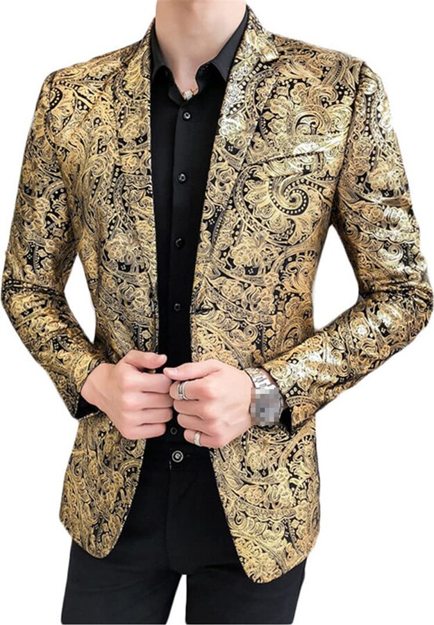 Saeohnssty Gold Blazer for Men Slim Fit Floral Print Prom Blazer Jacket ...