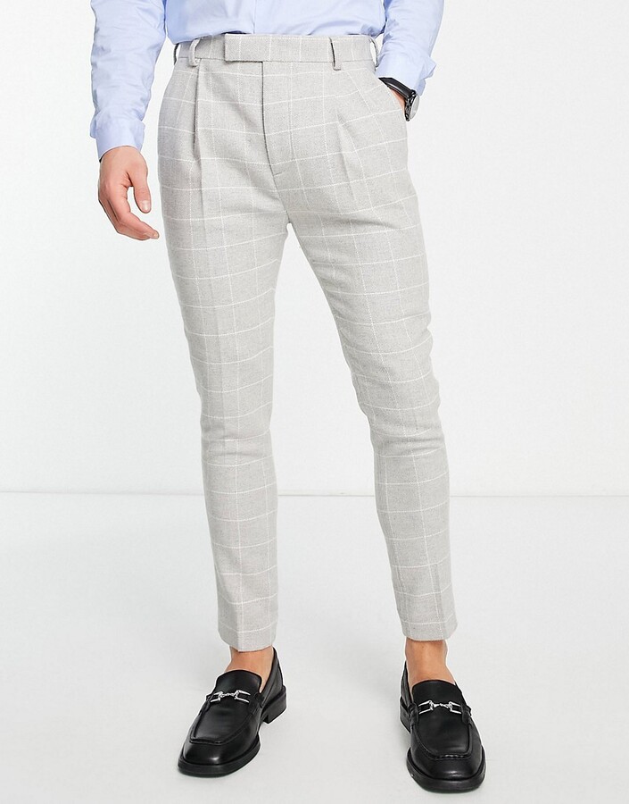 ASOS DESIGN tapered wool mix smart pants in gray windowpane check - ShopStyle Chinos & Khakis
