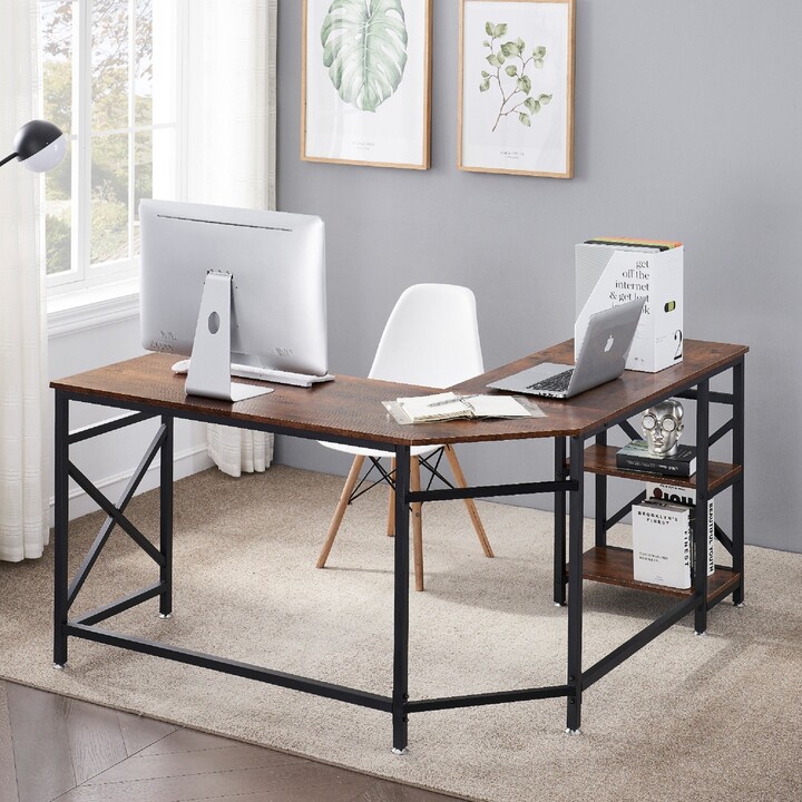 Vecelo Home Office Computer Table L-Shaped Corner Table Wood and Metal ...