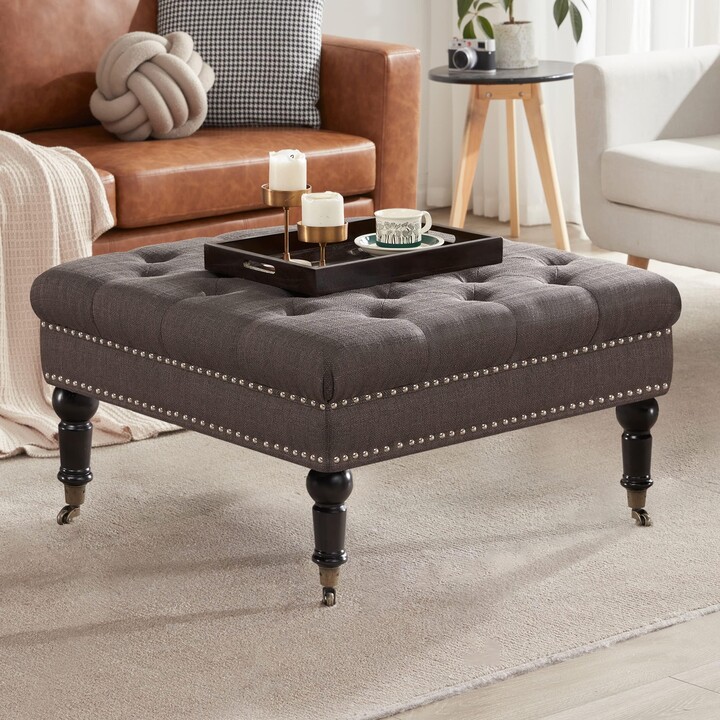 Global Pronex Large Square Tufted Ottoman Coffee Table with Tray ...