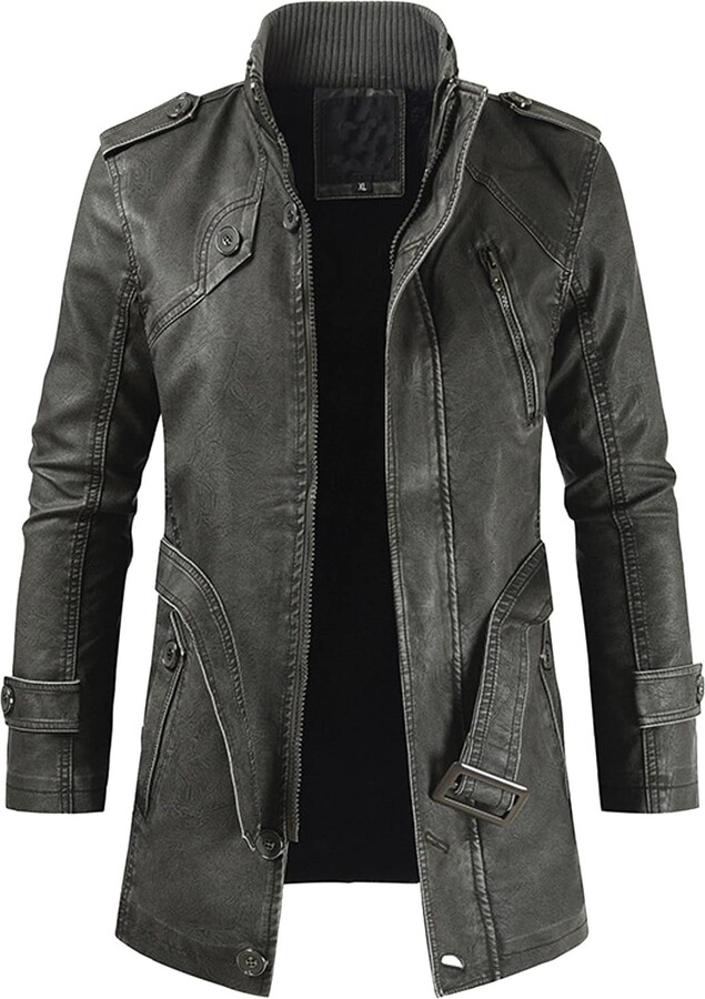 VESNIBA Faux Leather Biker Jacket Men Faux Leather Trench Coat Vintage ...