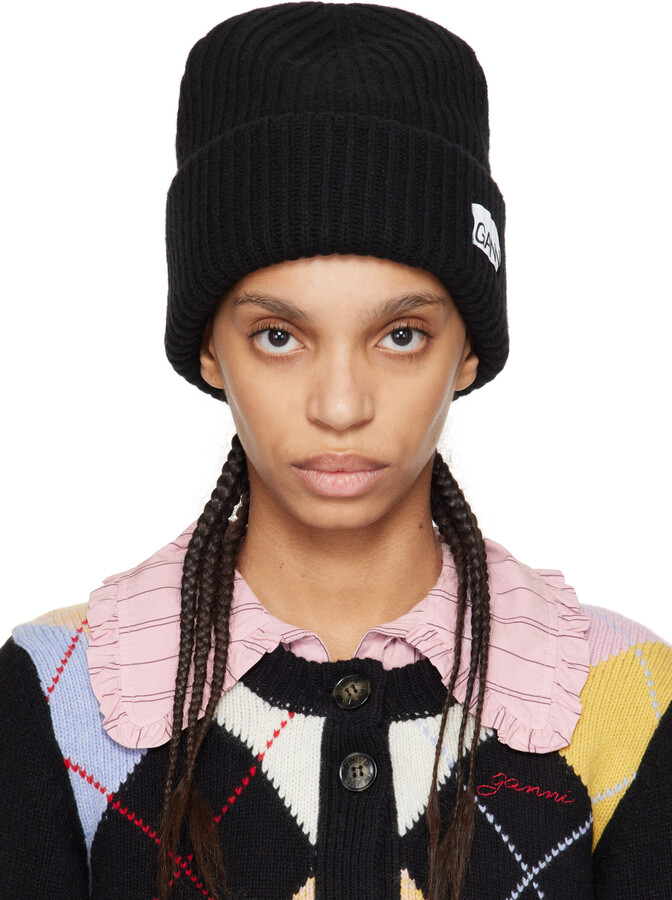 Ganni Black Oversized Wool Rib Knit Beanie - ShopStyle Hats