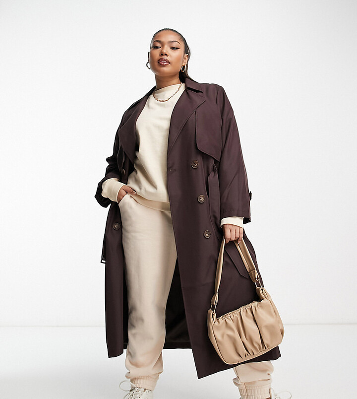 Urbancode Curve Urban Code Plus longline oversized trench coat in chocolate brown - ShopStyle