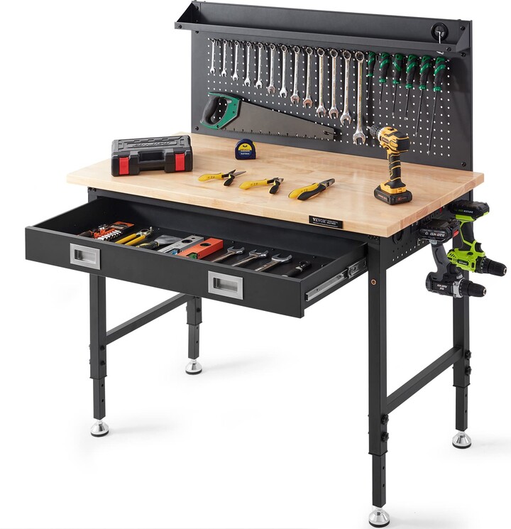 VEVOR Workbench Adjustable Height 28-39.5" Work Bench for Garage Oak ...