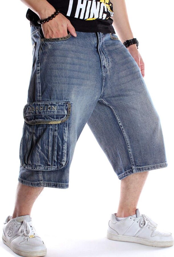 Sveizo Men's Loose Multi-Pockets Cropped Cargo Jeans Work Denim Shorts ...