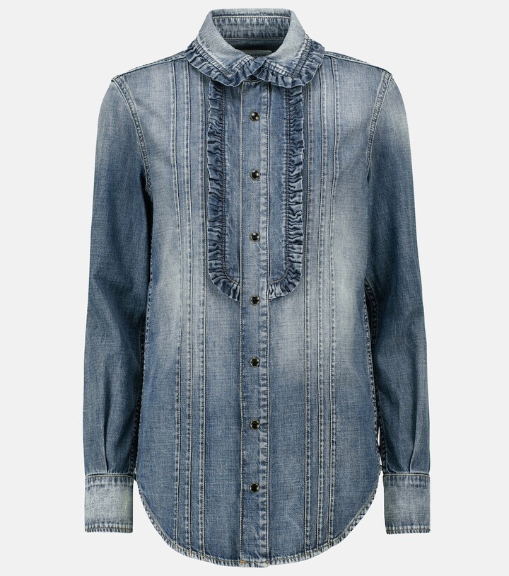 Saint Laurent Ruffled denim shirt - ShopStyle Tops