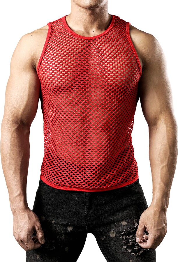 JOGAL Men's Mesh Fishnet Fitted Muscle Top XX-Large Red UK-WG01 ...
