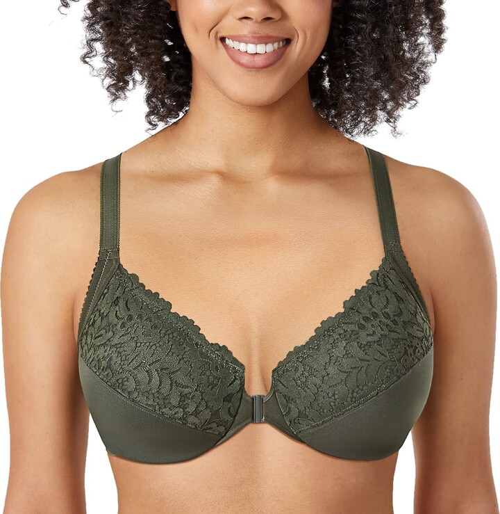DELIMIRA Women's Front Fastening Bra Racer Back Lace Plus Size Non Padded Underwired Ivy Green ...