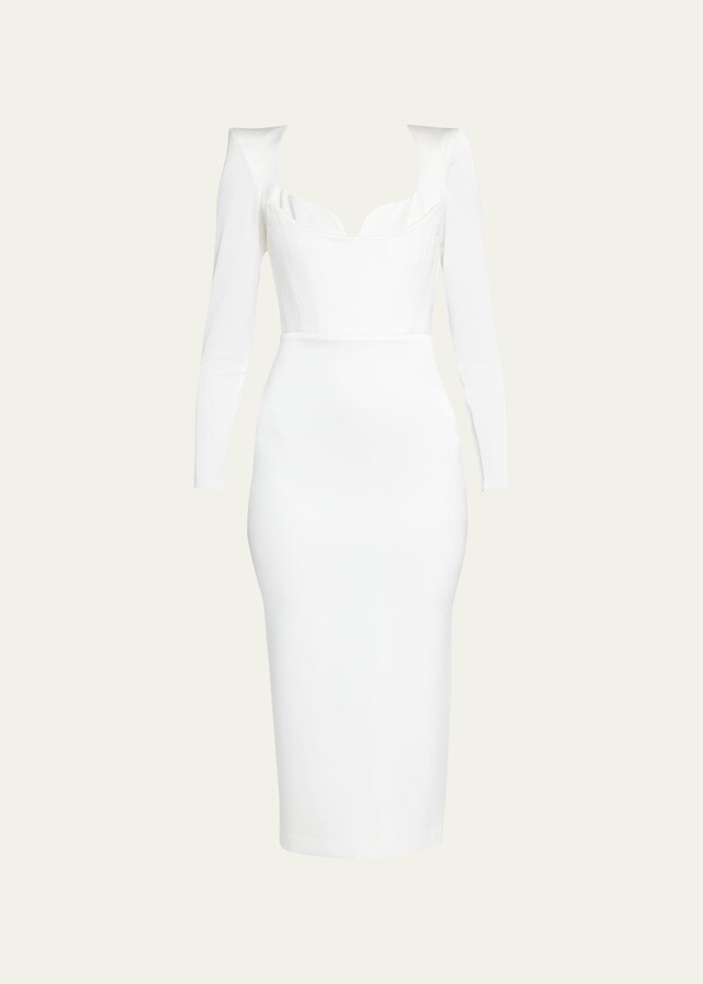 Alex Perry Satin Crepe Long-Sleeve Curved Corset Midi Dress - ShopStyle