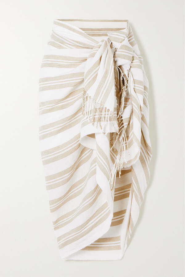 Totême Fringed Striped Linen And Cotton-blend Voile Pareo - Off-white ...
