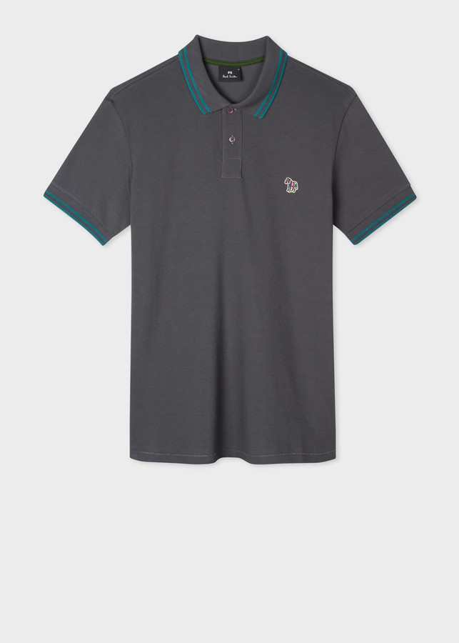 Men's Slim-Fit Grey Zebra Logo Cotton Polo Shirt With Teal Tipping ...