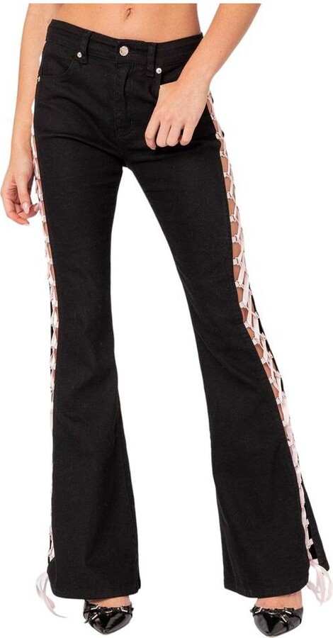 Edikted Women's Satin lace up flared jeans - ShopStyle