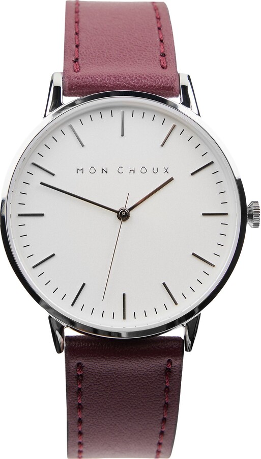 Mon Choux Classic White Silver Vegan Watch In Burgundy Grape Leather ...