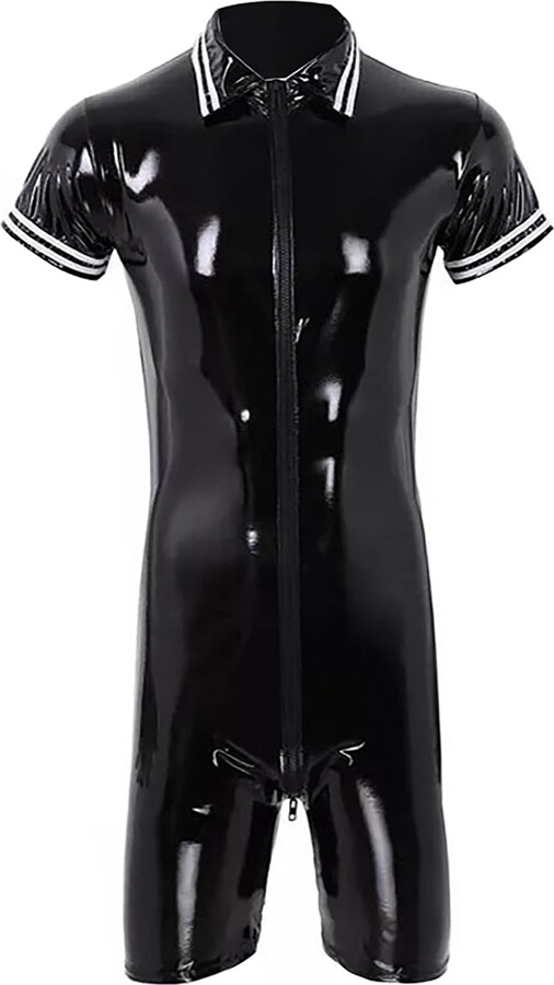 SEAUR Men Short Sleeves Bodysuit Shiny Leather Jumpsuit One Piece Front ...