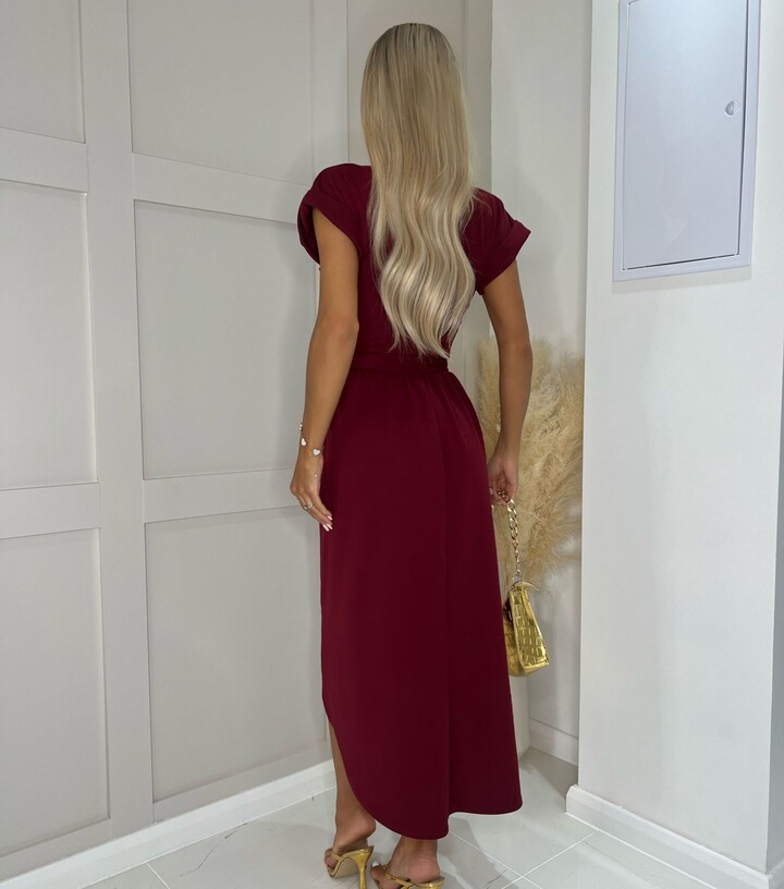 Missfiga Burgundy Belted Wrap Midi Dress - ShopStyle