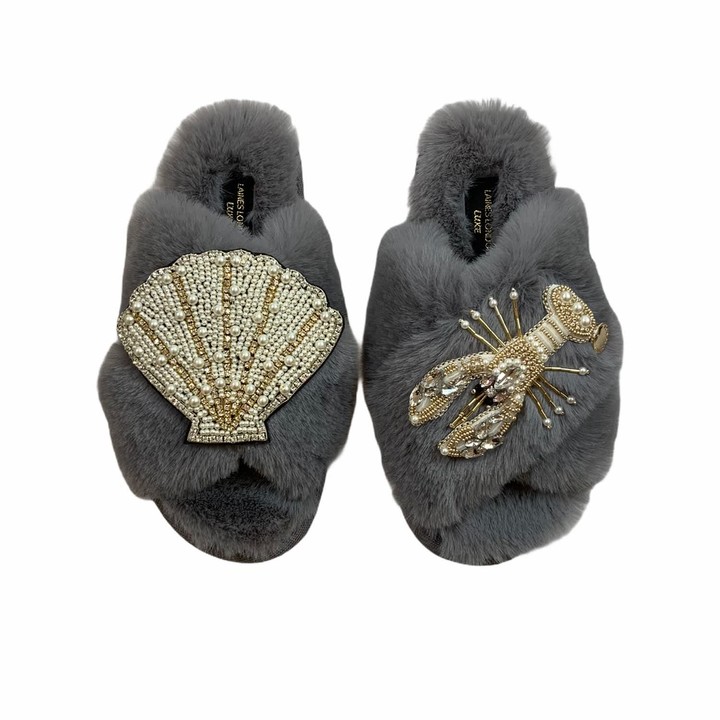 Laines Cloud Grey Slippers With Double Artisan Pearl & Gold Seashell ...