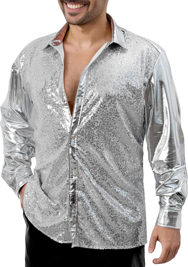 COSAVOROCK Silver Shirt Men 70s Fancy Dress Disco Sparkly Sequin Shirts ...