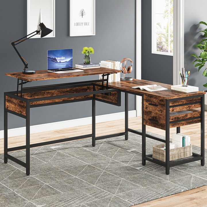 Farfarview Rustic 59’’ L-shaped Computer Desk with 2 Drawers & Shelves ...