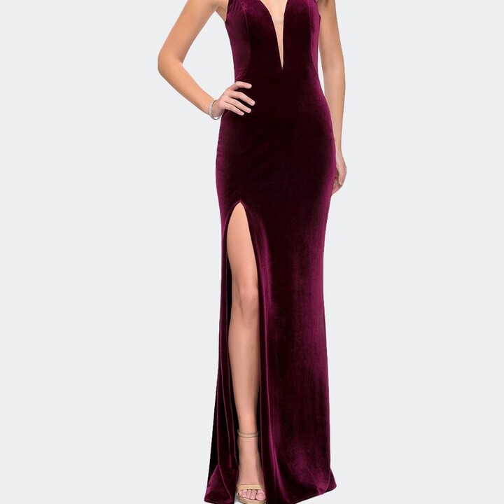 La Femme Long Velvet Prom Dress With Deep V and Side Leg Slit - ShopStyle