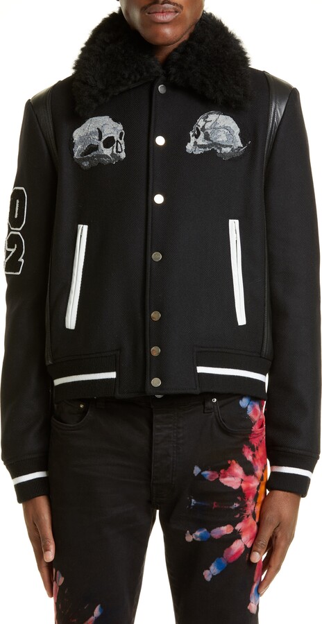 Amiri x Wes Lang Skull Patch Wool Blend Varsity Jacket with Genuine ...