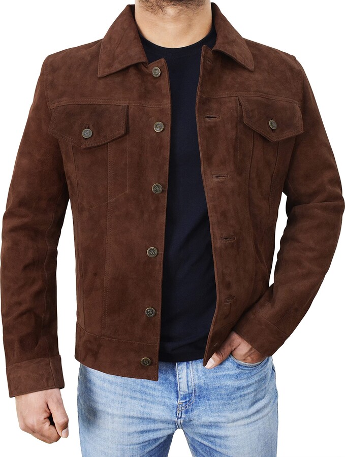 LP-FACON Men Suede Leather Trucker Coat - Genuine Leather Suede Jacket ...