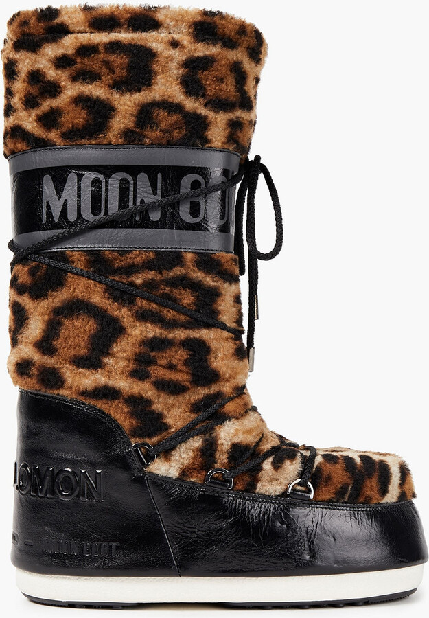 YVES SALOMON X MOON BOOT Lace-up leopard-print shearling and cracked ...