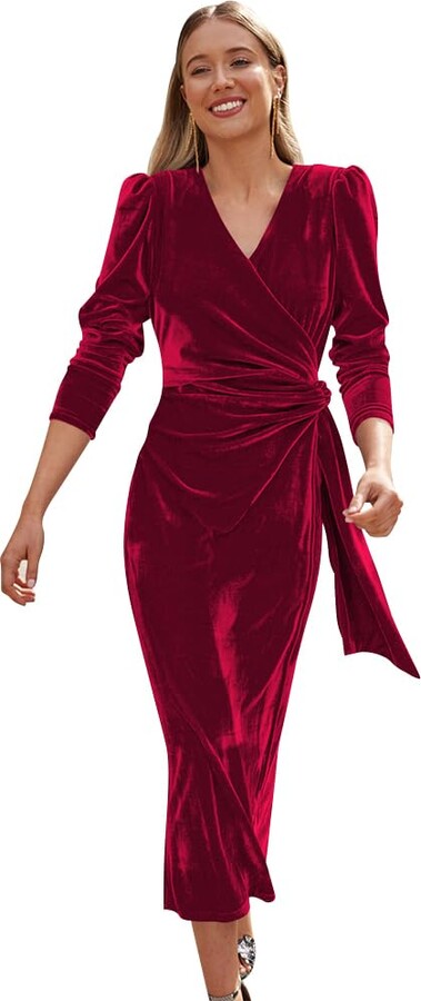 IWEMEK Women Velvet Dress Long Sleeve Wrap V Neck Ruched Bodycon ...