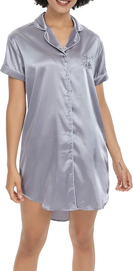 Alcea Rosea Women's Satin Nightgown Boyfriend Nightshirt Short Sleeves ...