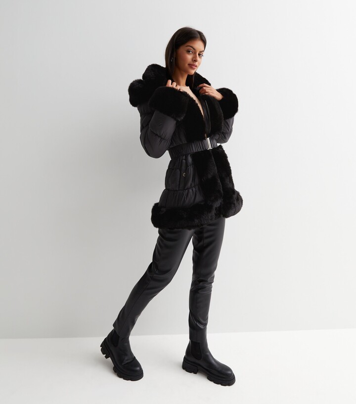 Cameo Rose Black Faux Fur Trim Belted Hooded Puffer Coat - ShopStyle