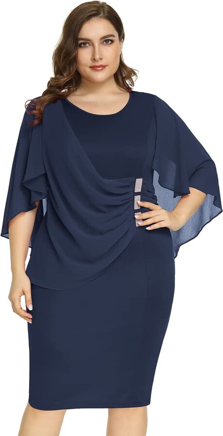 Hanna Nikole Beautiful Chiffon Party Dress Women's Knee Length Midi Dress for Wedding Navy Blue ...