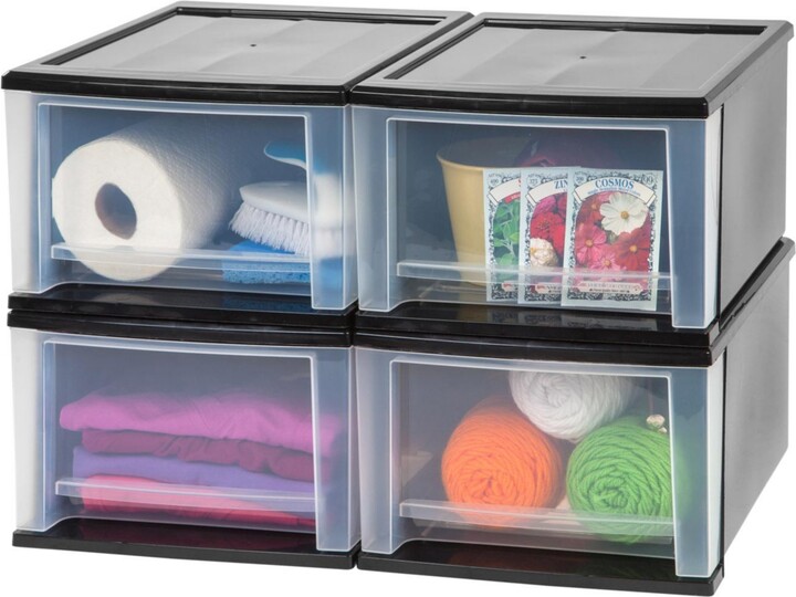 Iris 17 Qt. Plastic Stackable Storage Drawers, Medium, 4 Pack, Black ...