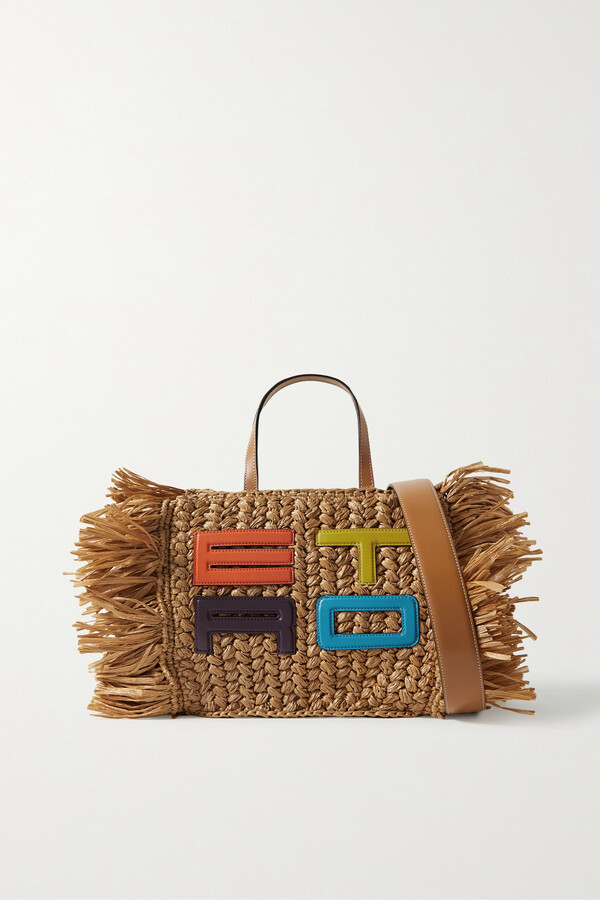 Etro Globetrotter Appliquéd Leather-trimmed Raffia Shoulder Bag ...
