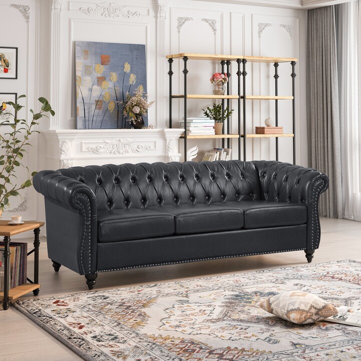 84" Black PU Rolled Arm Chesterfield 3 Seater Sofa - ShopStyle