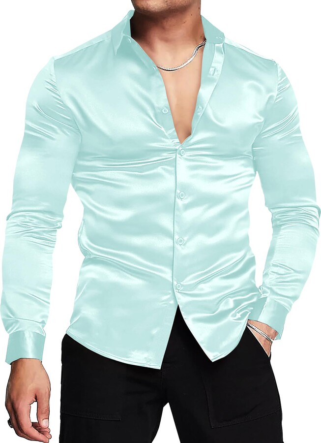 URRU Men's Luxury Shiny Silk Like Satin Dress Shirt Long Sleeve Casual Slim Fit Muscle Button Up ...